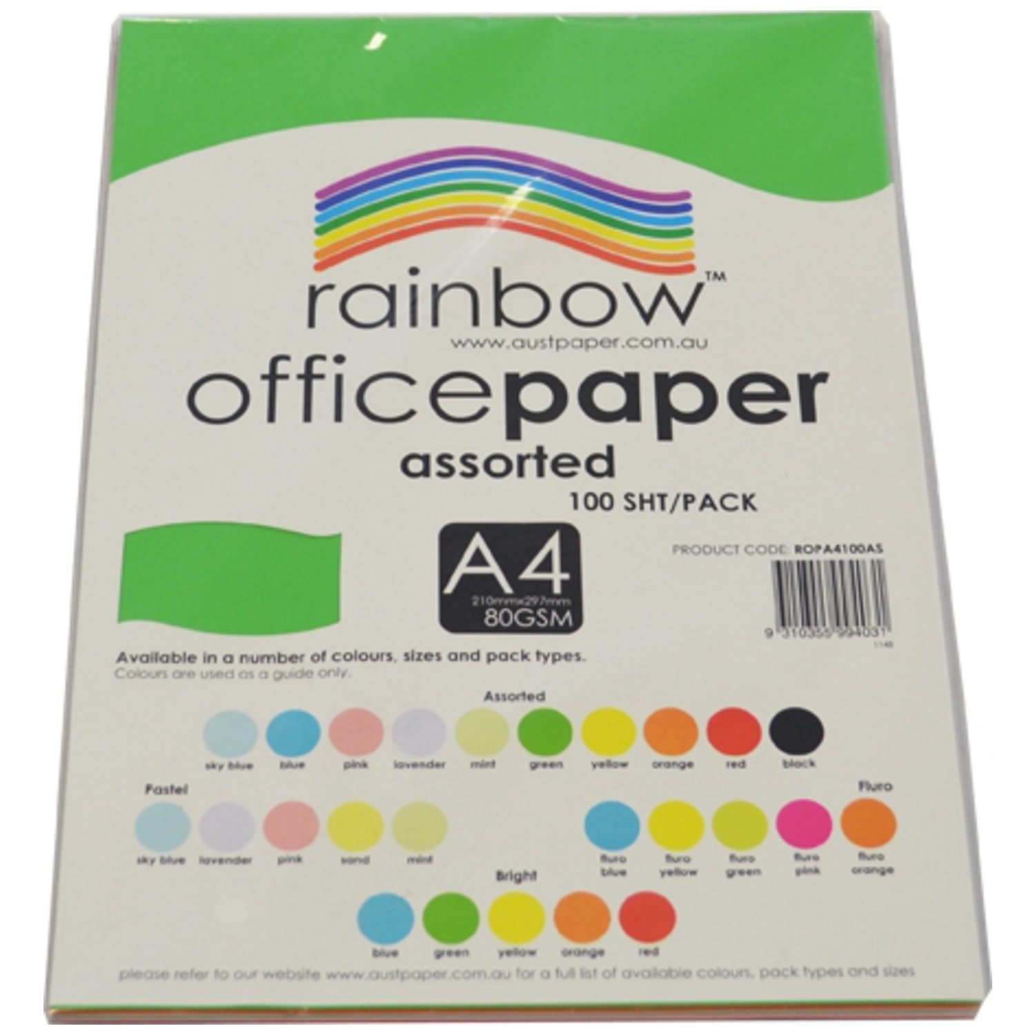 Rainbow Office Colour Paper A4 80Gsm 100 Sheets - Assorted Colours - Impact