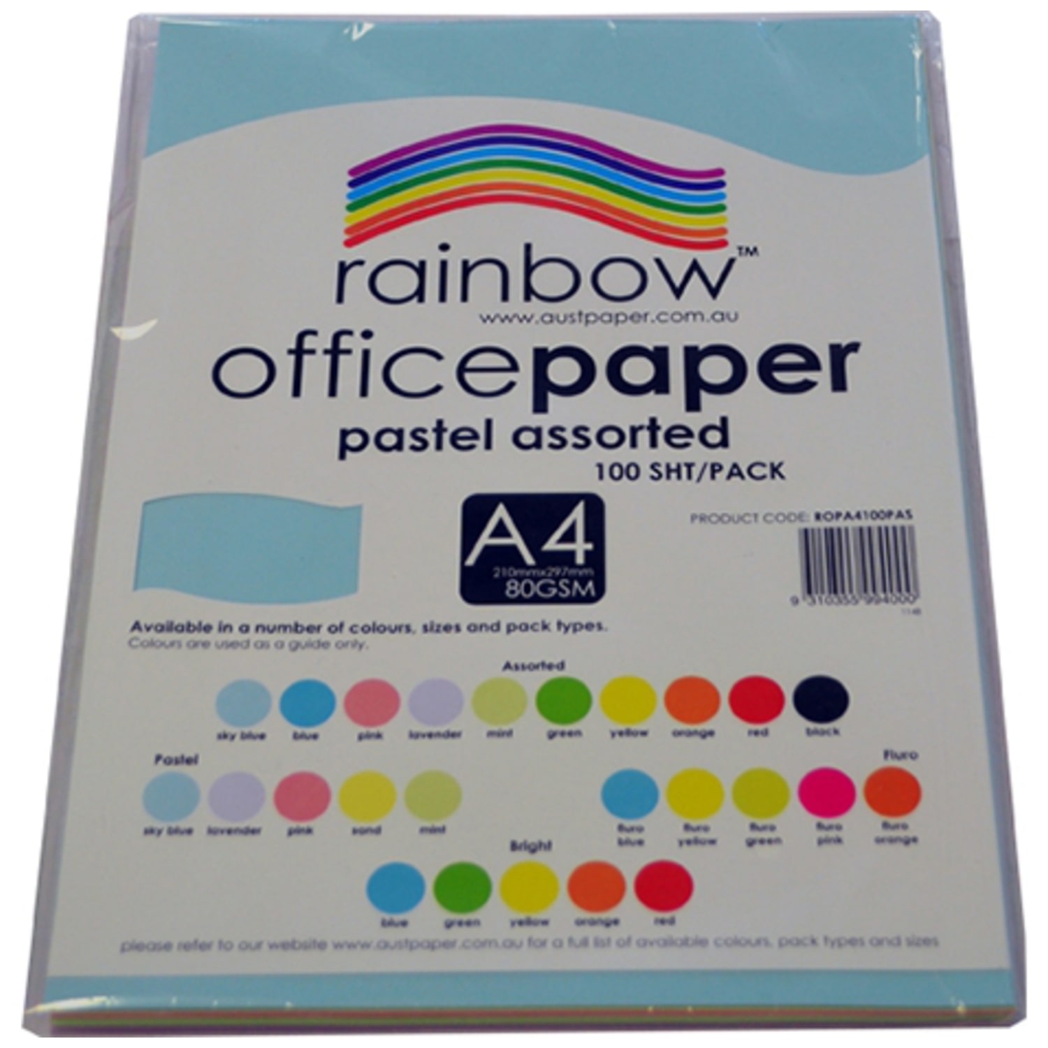 Rainbow Office Colour Paper A4 80Gsm 100 Sheets - Pastel Assorted - Impact