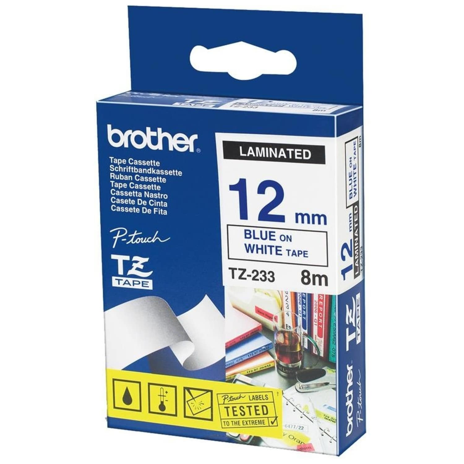 Brother TZE Labelling Tape 12mm Width Blue on White 8m Long (TZE-233) - Impact