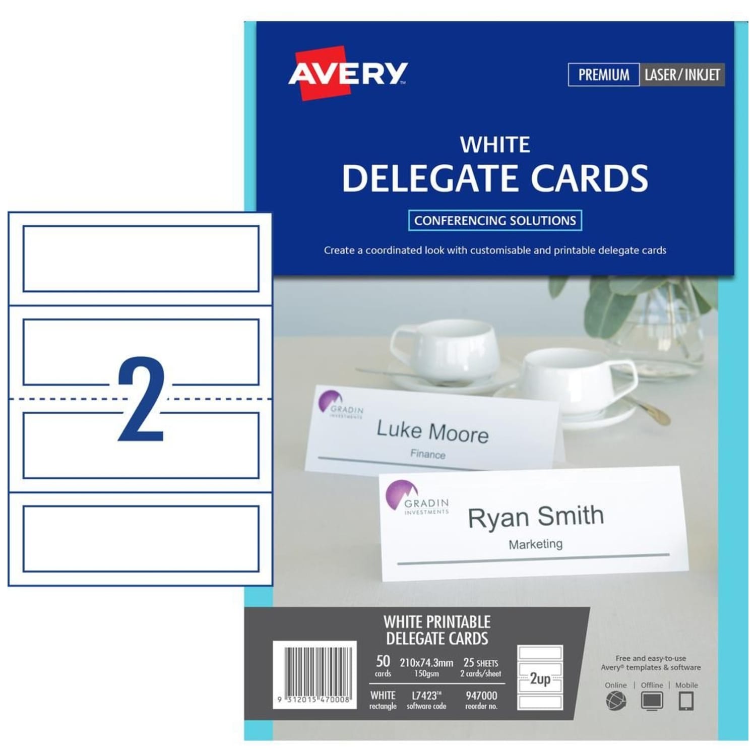 Avery Delegate Cards 210 x 74.25 mm 50 cards 150 g/m (947000 / L7423 ...