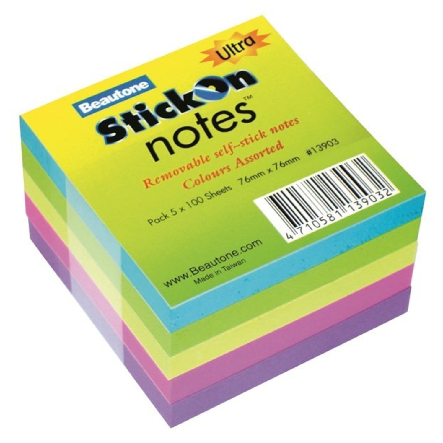 Beautone Stick On Sticky Notes 76x76mm Assorted Ultra Colours Pack of 5 ...